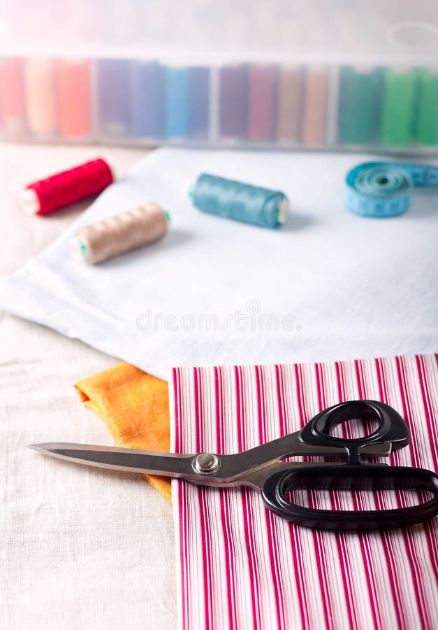 Sewing Supplies - Scissors, Thread on Fabric Stock Image - Image of ...