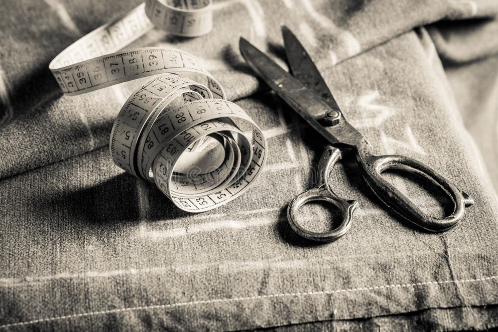Sewing Table with Scissors and Cloth Stock Photo - Image of suit ...