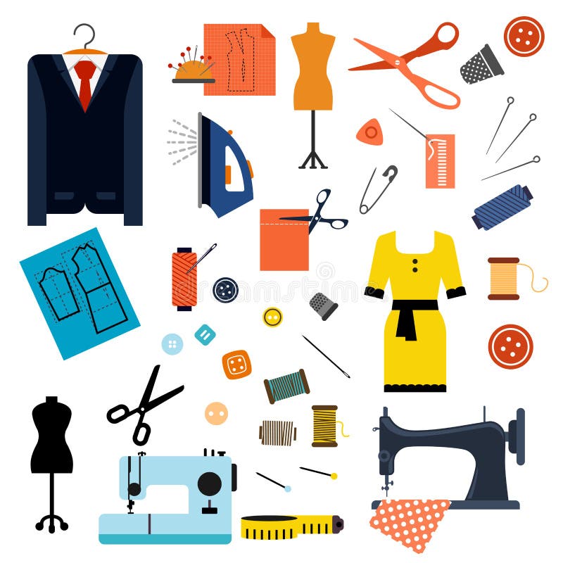 Sewing Or Tailoring Flat Icons And Items Stock Vector Illustration Of