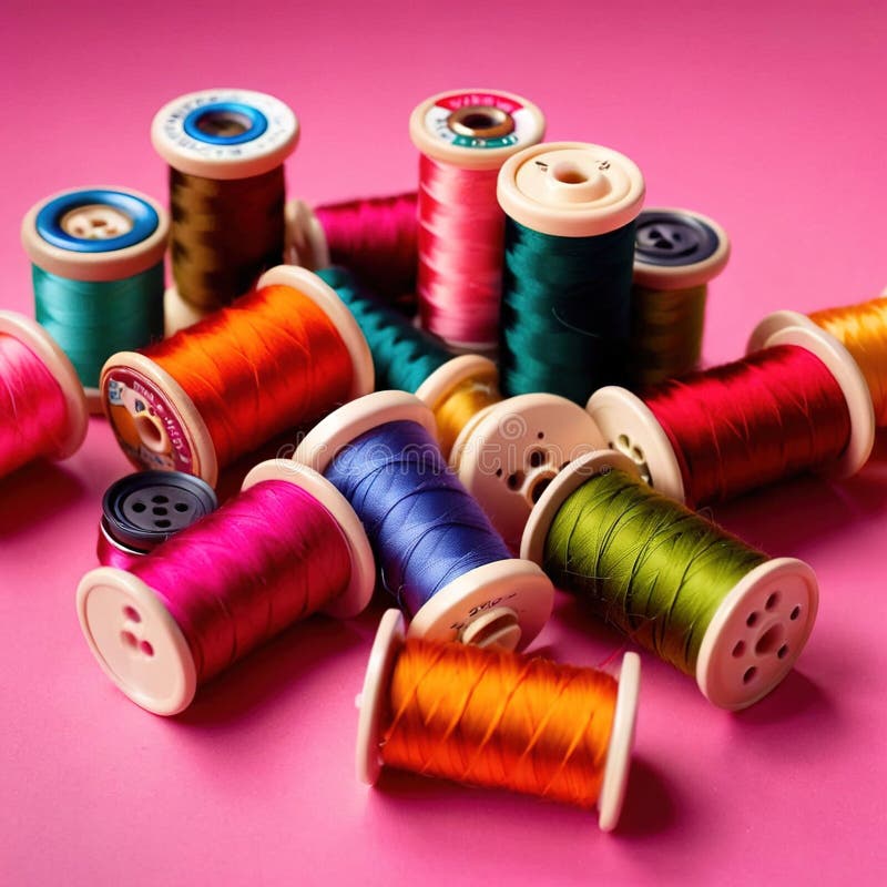 Sewing and Tailoring Supplies, with Colorful Thread Spools and Buttons ...