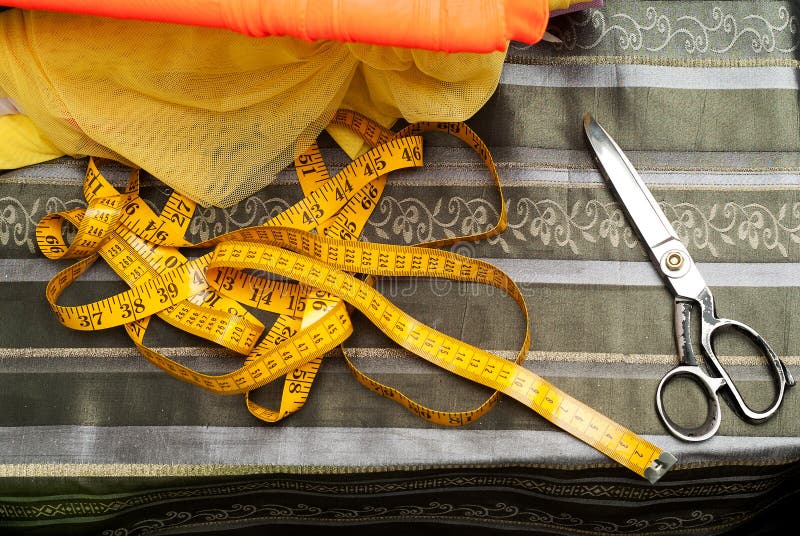 Sewing Textile or Cloth. Work Table of a Tailor. Textile Tools ...
