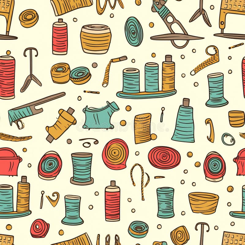 Sewing Themed Seamless Pattern Design with Cute Illustrations of ...