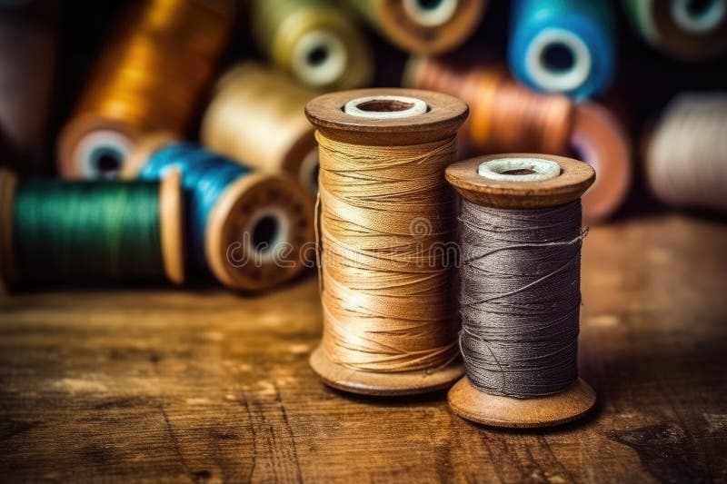 Sewing Thread on an Old Wooden Spool in Vintage Style. Generative AI ...