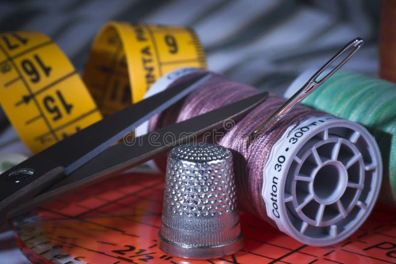 Sewing Thread Spools, Metal Scissors, Metal Thimble, Sewing Rule Stock ...