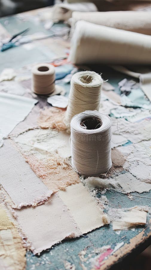 Sewing Thread on Table with Fabric Scraps. Stock Illustration ...