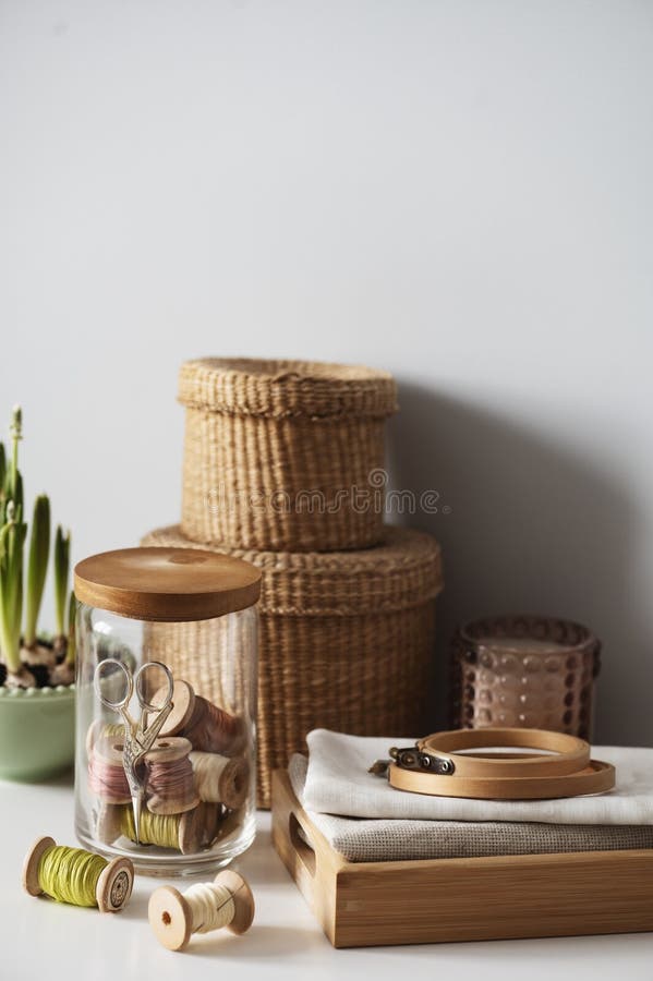 Sewing Threads on Vintage Rustic Wooden Spools with Other Accessories ...