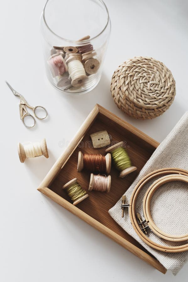 Sewing Threads on Vintage Rustic Wooden Spools with Other Accessories ...