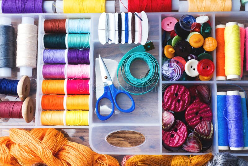 Sewing Tool for Needlework. Colored Threads, Centimeter and Buttons ...