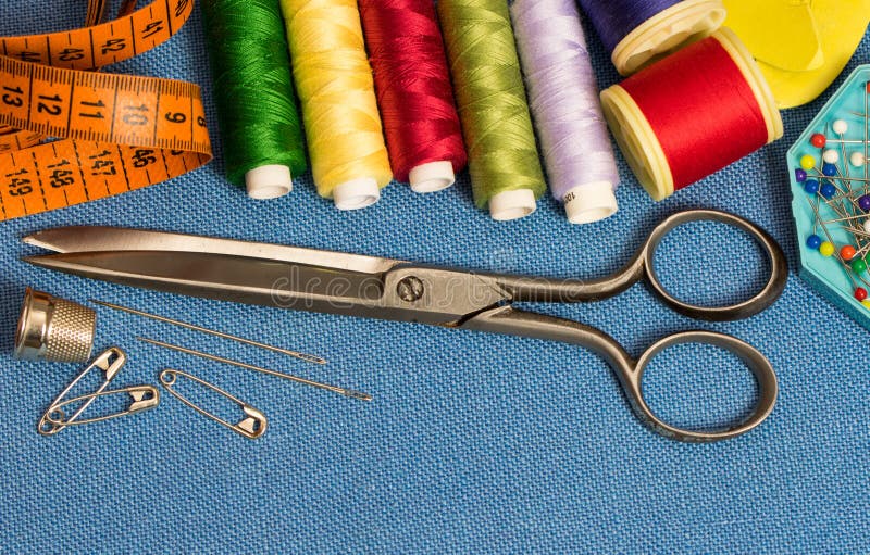 Sewing Tools and Accessories of Tailor on Blue Background. Sewing ...