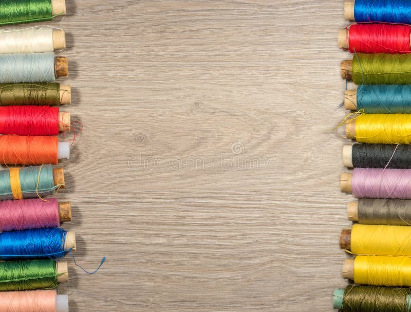 Sewing Tools and Accessories on Wood Background. Stock Photo - Image of ...