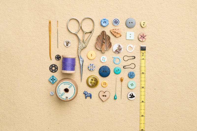 Sewing Tools, Assorted Buttons, and Tape Measure Stock Photo - Image of ...
