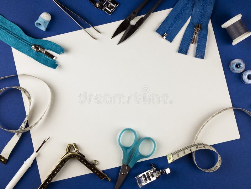 Sewing Tools on a Blue Background with Copy Space Stock Image - Image ...