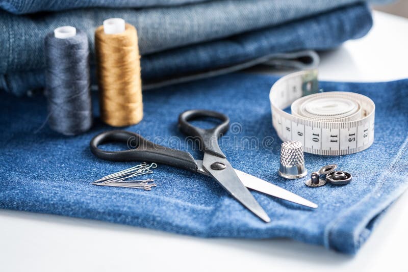 Sewing Tools with Blue Jeans Fabric. Stock Image - Image of gray, cloth ...