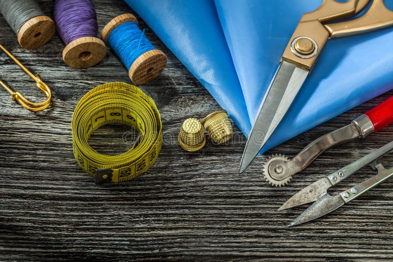 Sewing Tools Composition Measure Tape Thimbles Threads Scissors on ...