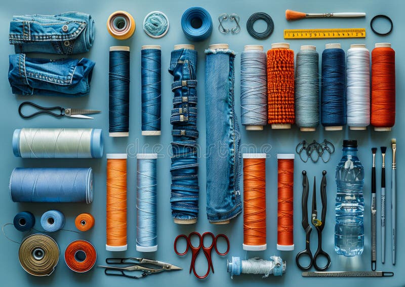 Sewing Tools and Denim on Blue Background Stock Image - Image of bobbin ...