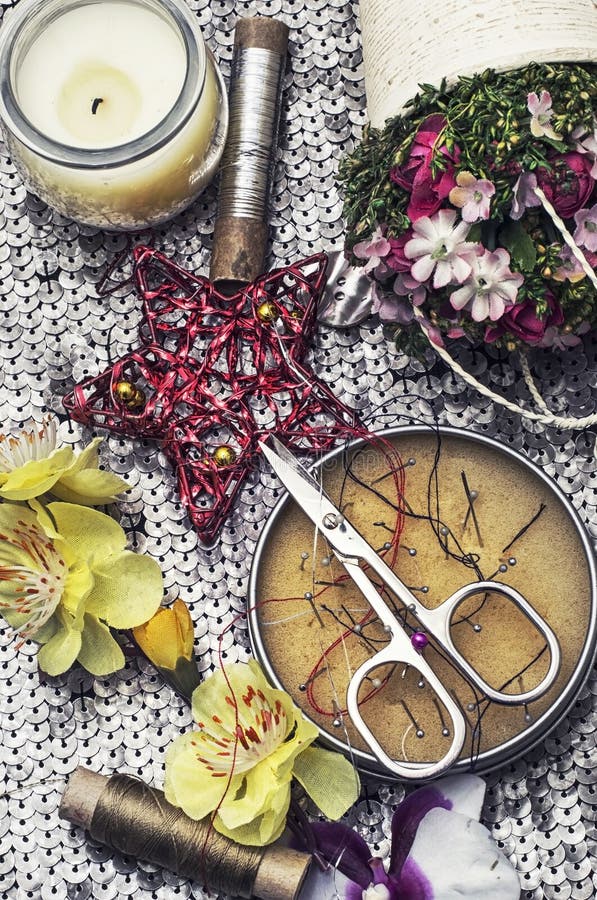 Sewing Tools and Floral Decorations Stock Photo - Image of flowering ...