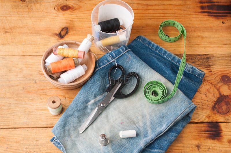 Sewing Tools Hobby, Set of Tailor on a Wooden Table, Stock Photo ...