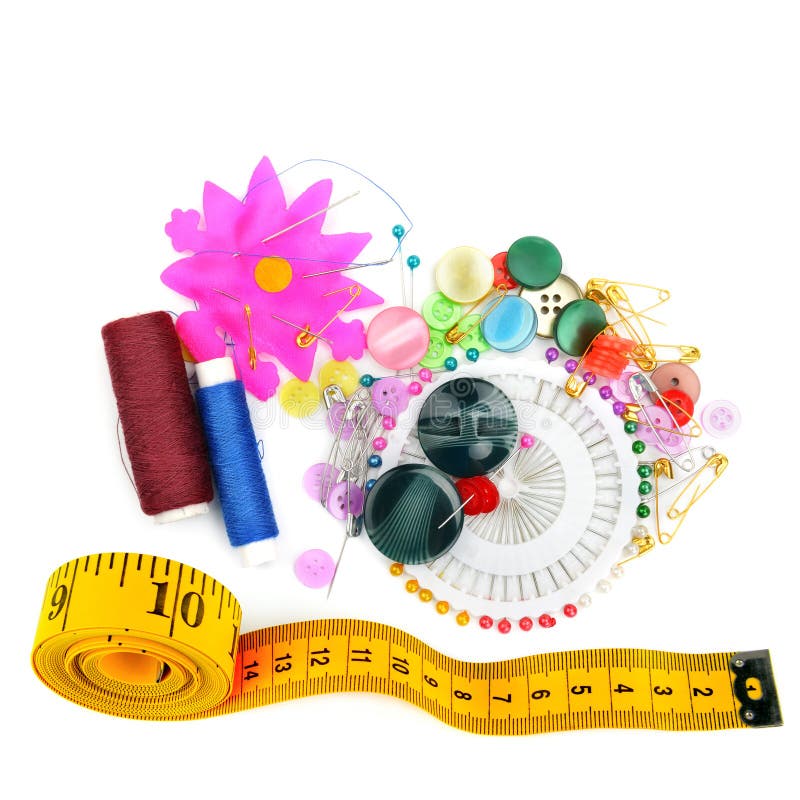 Sewing Tools and Measuring Tape Isolated on White. Collage Stock Image ...