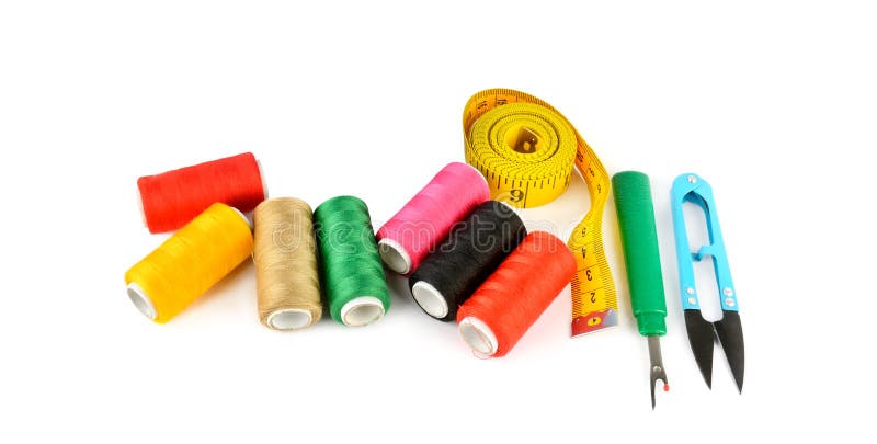 Sewing Tools and Measuring Tape Isolated on White. Wide Photo Stock ...
