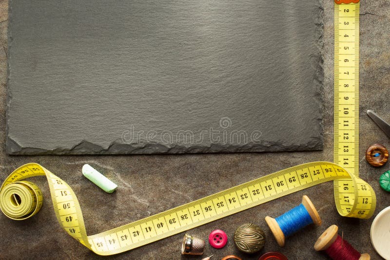 Sewing Tools and Measuring Tape on Table Stock Photo - Image of fabric ...