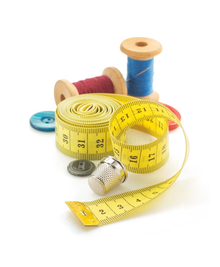 Sewing Tools and Measuring Tape on White Stock Image - Image of metal ...