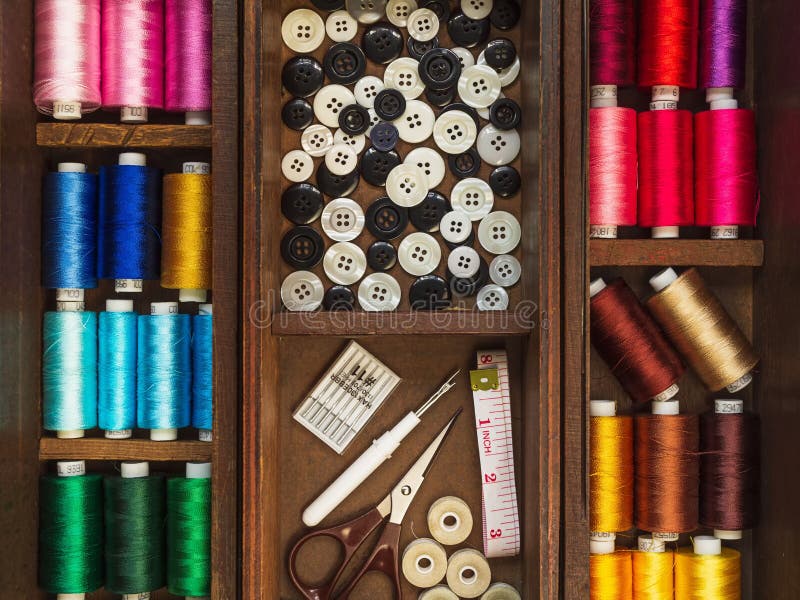 Sewing Tools and Multi Colorful Threads in Wooden Box, Flat Lay Picture ...