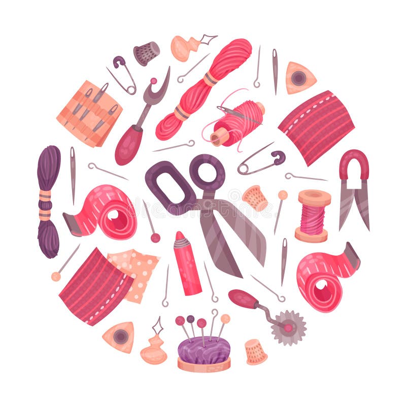 Sewing Tools Round Composition Design with Handcraft Equipment Vector ...
