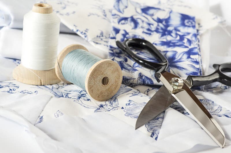 Sewing Tools and Scissors in Blue Stock Image - Image of cotton ...