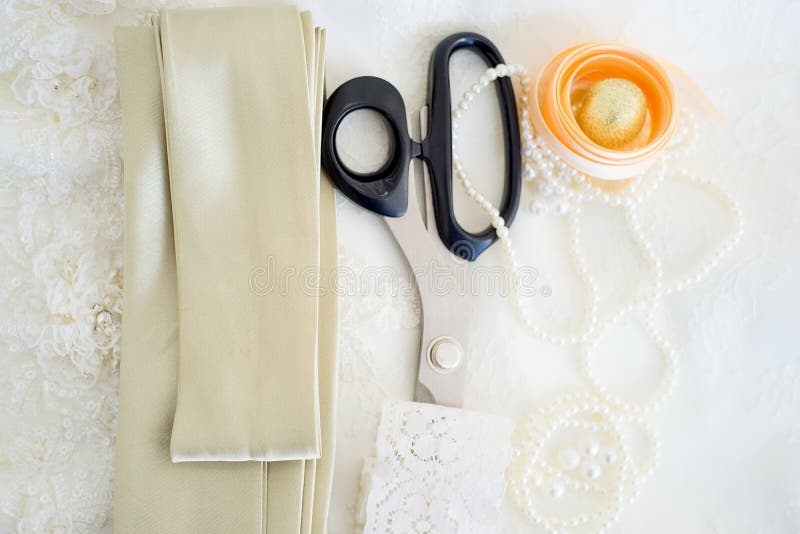 Sewing tools on a table stock photo. Image of material - 90953230