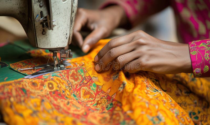 Sewing Vibrant Fabric, Hands Skillfully Guiding Material, Sewing ...