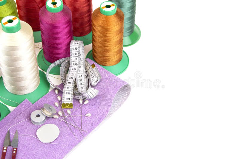 Sewing on a White Background, Reels with Threads, Needles and Pieces of ...
