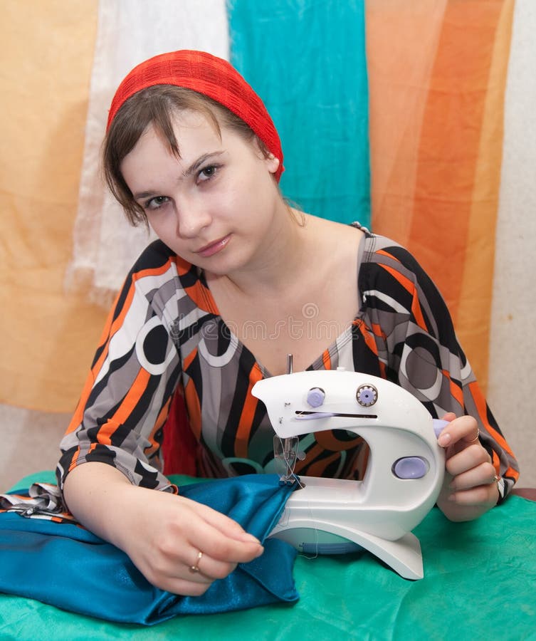 Concentrated Woman Sewing at Home Stock Photo - Image of home ...
