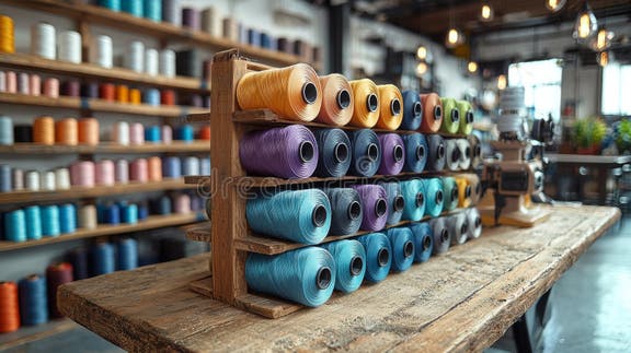 In a Sewing Workroom, Sewing Threads are Neatly Placed on a Spool Rack ...