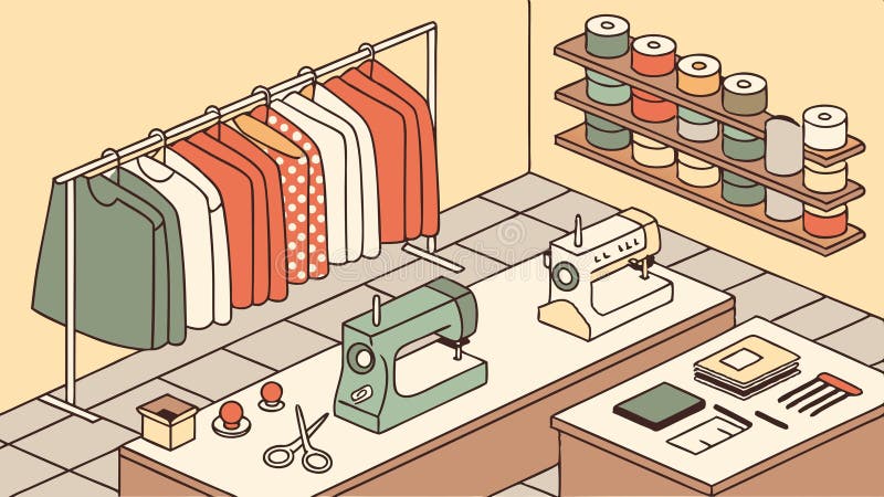 Sewing Workshop Interior, Crafting Space and Tailor Tools Vector Design ...