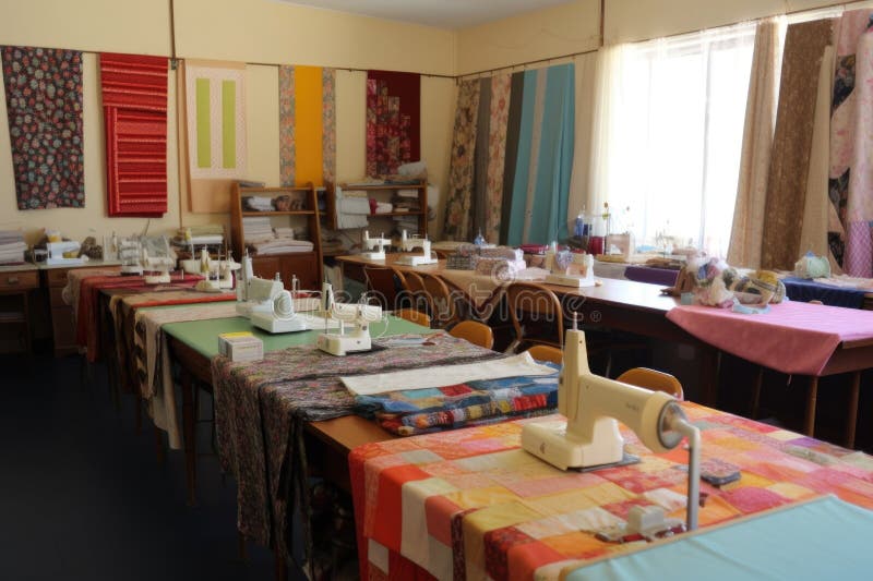Sewing Workshop, with Various Fabrics and Materials on Display Stock ...