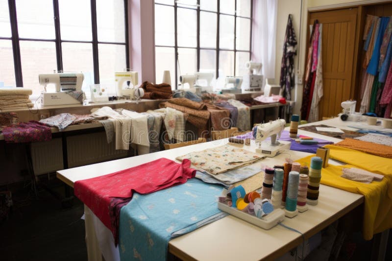 Sewing Workshop, with Various Fabrics and Materials on Display Stock ...