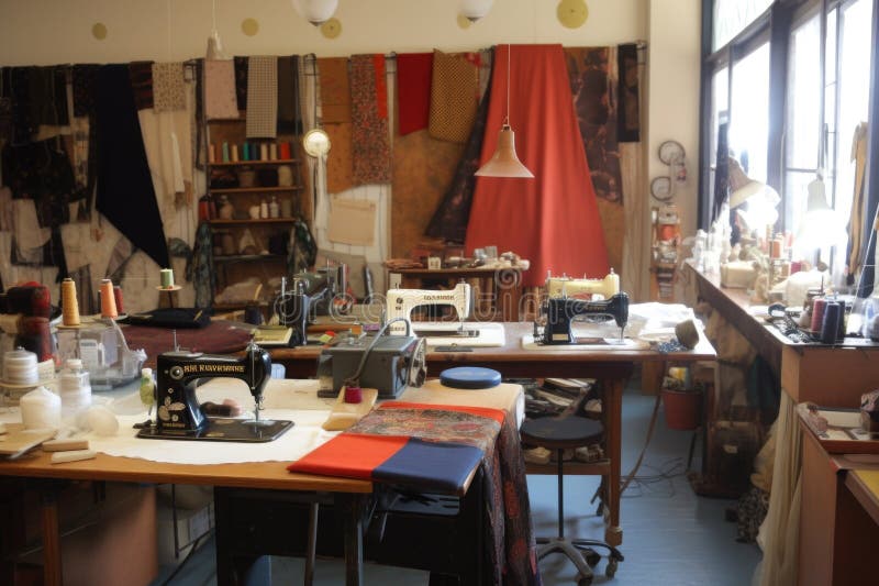 Sewing Workshop, with Various Fabrics and Materials on Display Stock ...