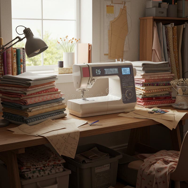 Sewing Workspace Featuring a Modern Sewing Machine on a Wooden Table ...