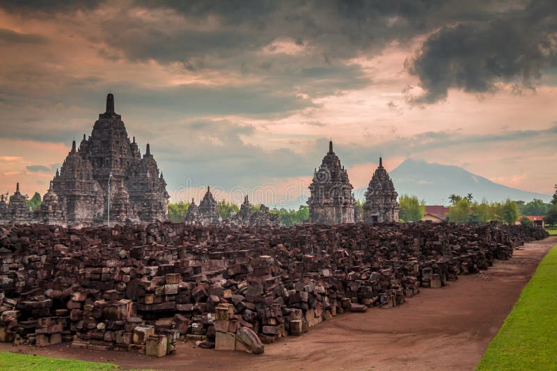 Sewu Temple and Ruins at Sunset, with Mount Merapi in the Background ...