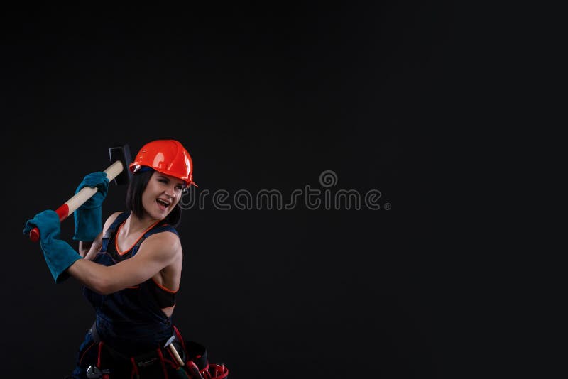 Sex Equality And Feminism Girl In Safety Helmet Holding Hammer Tool