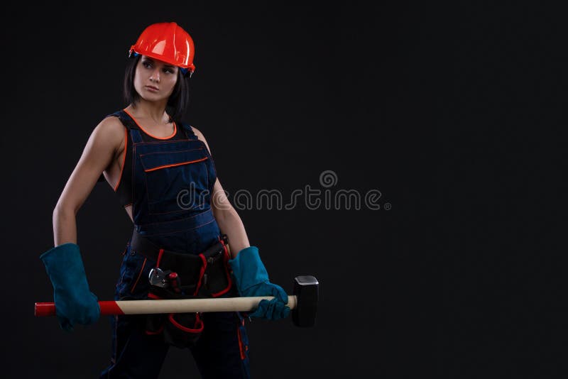 Sex Equality And Feminism Girl In Safety Helmet Holding Hammer Tool