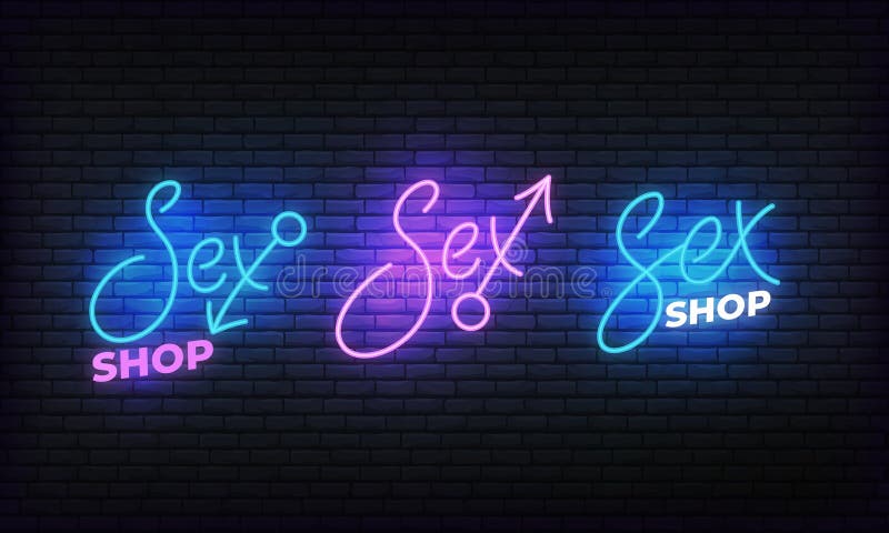 Sex Shop Neon Sign Vector Set Glowing Night Bright Lettering Sign For