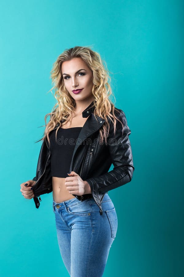 Blonde In A Black Leather Jacket Stock Image Image Of Attractive