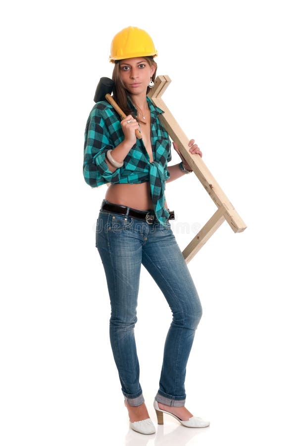 Young Girl Construction Worker with Rammer Stock Photo - Image of ...