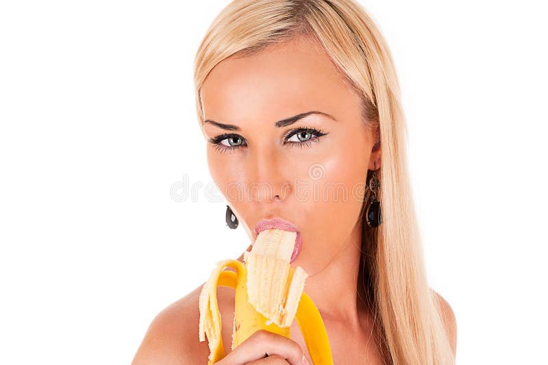 Jonge Mooie Vrouw Die Banaan Op Witte Achtergrond Eten Stock Afbeelding
