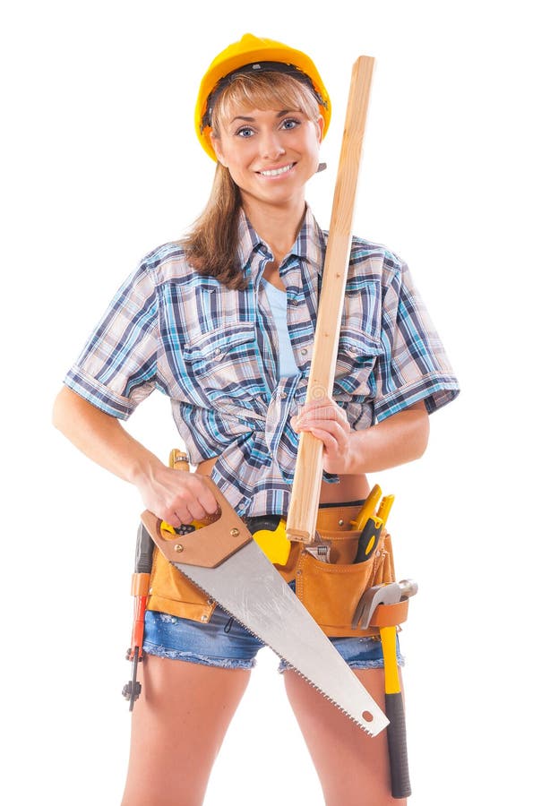 Female Worker with Carpenter Tools Isolated on White Backgr Stock Photo ...