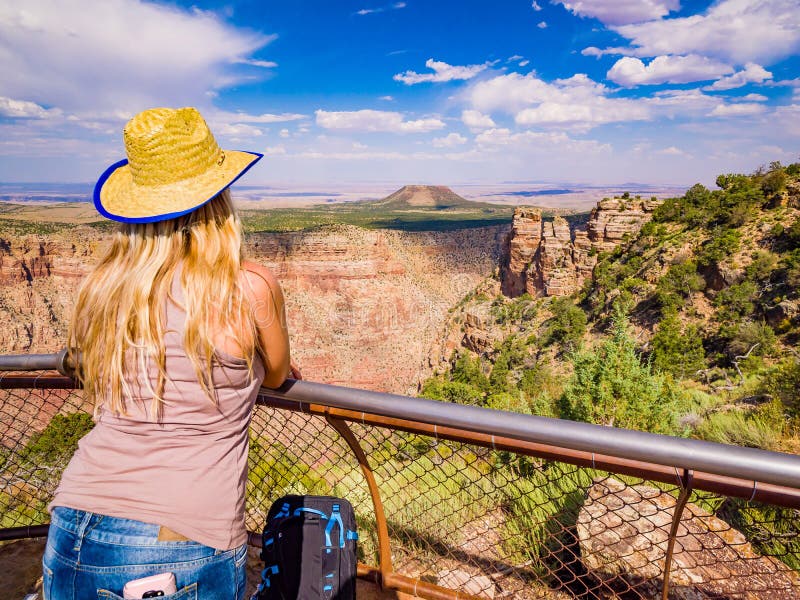 Girl Admires Panorama Of Grand Canyon National Park Desert View Arizona