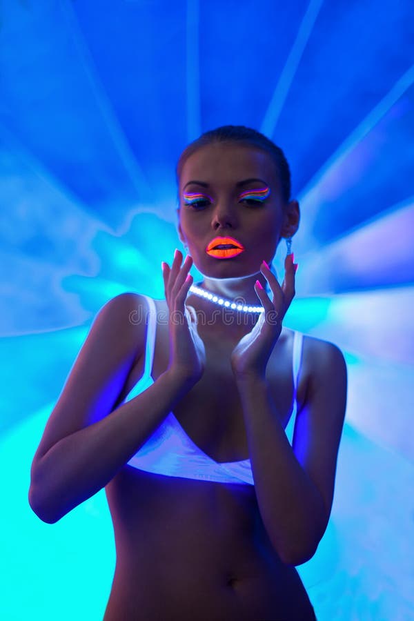 Girl Portrait With Glow Neon Make Up Stock Image Image Of Light