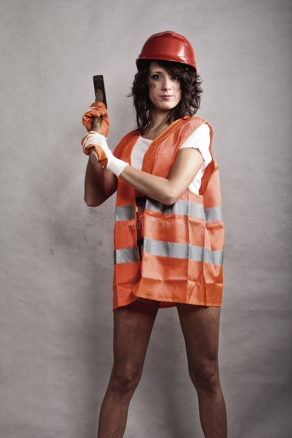 Girl In Safety Helmet Holding Hammer Tool Stock Image Image Of