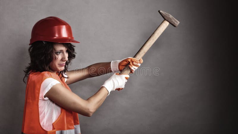 Girl In Safety Helmet Holding Hammer Tool Stock Image Image Of Hammer